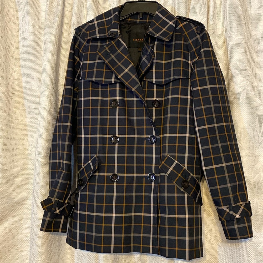 Coach Trench Coat Tattersall Plaid Navy Jacket Size M… - Gem
